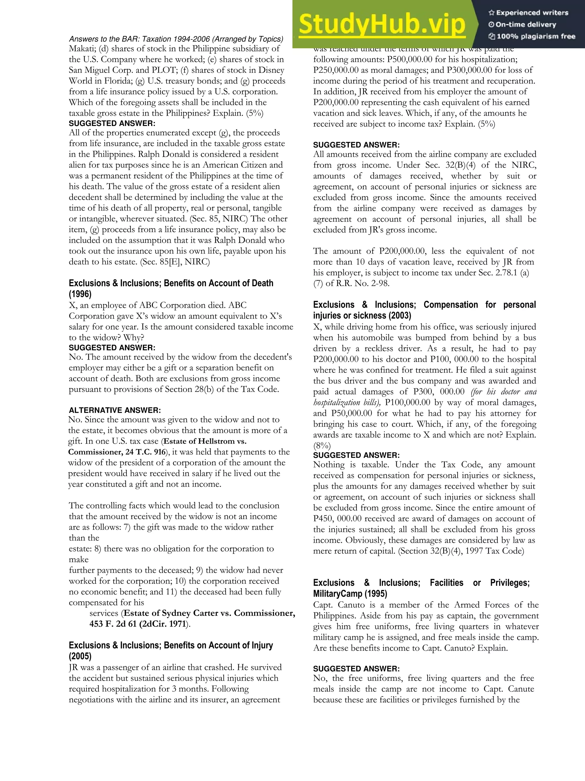 ANSWERS TO BAR EXAMINATION QUESTIONS IN TAXATION LAW ARRANGED BY TOPIC ...