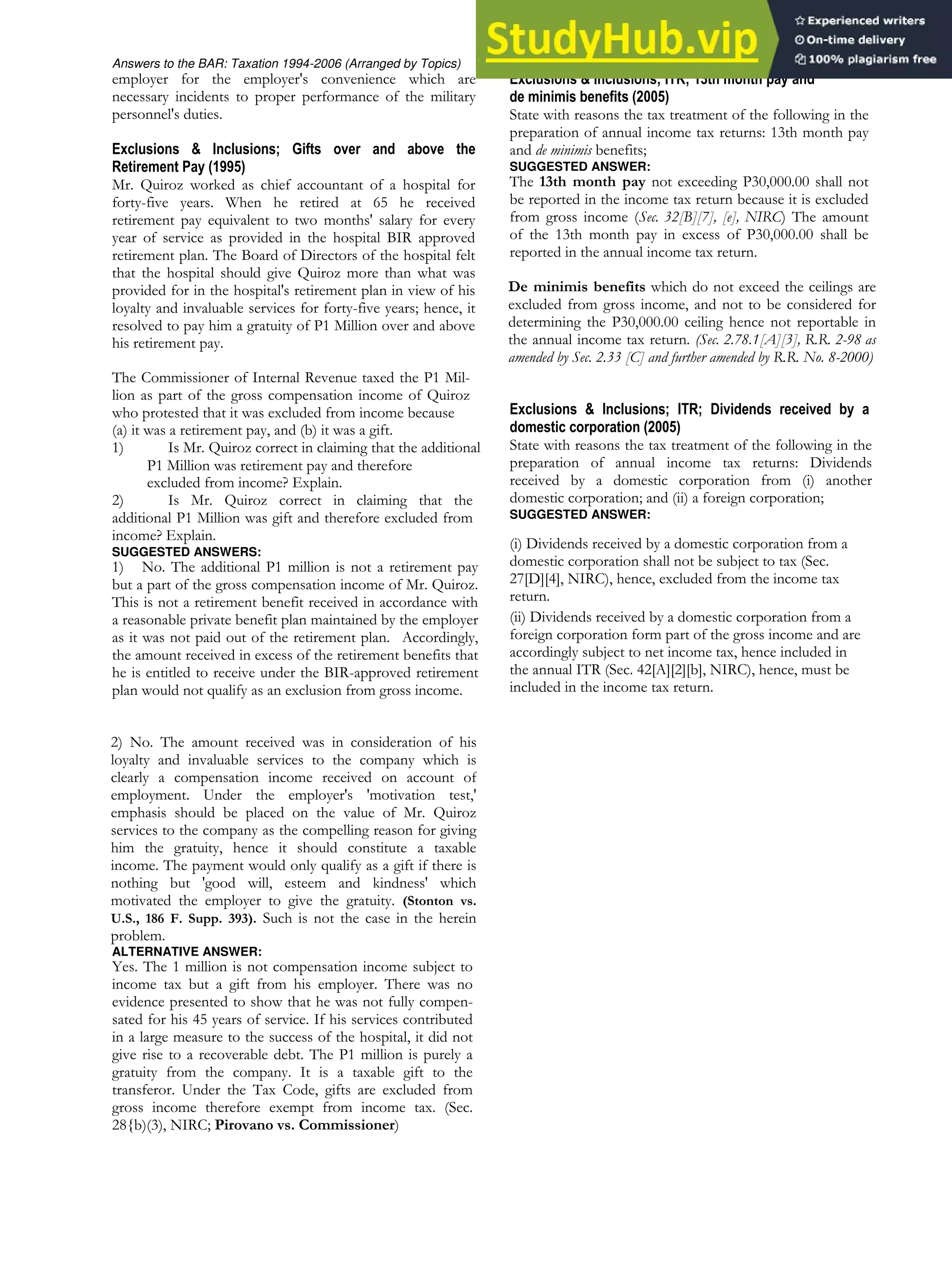 ANSWERS TO BAR EXAMINATION QUESTIONS IN TAXATION LAW ARRANGED BY TOPIC ...