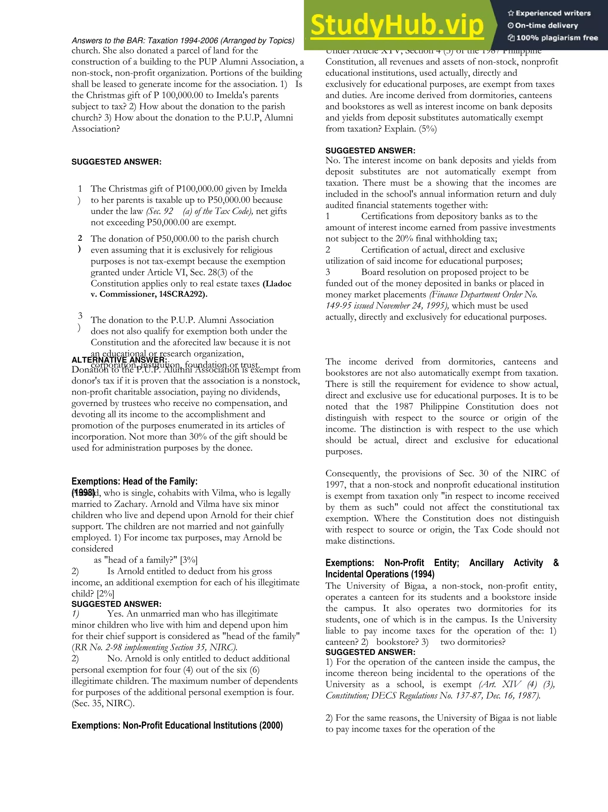 ANSWERS TO BAR EXAMINATION QUESTIONS IN TAXATION LAW ARRANGED BY TOPIC ...