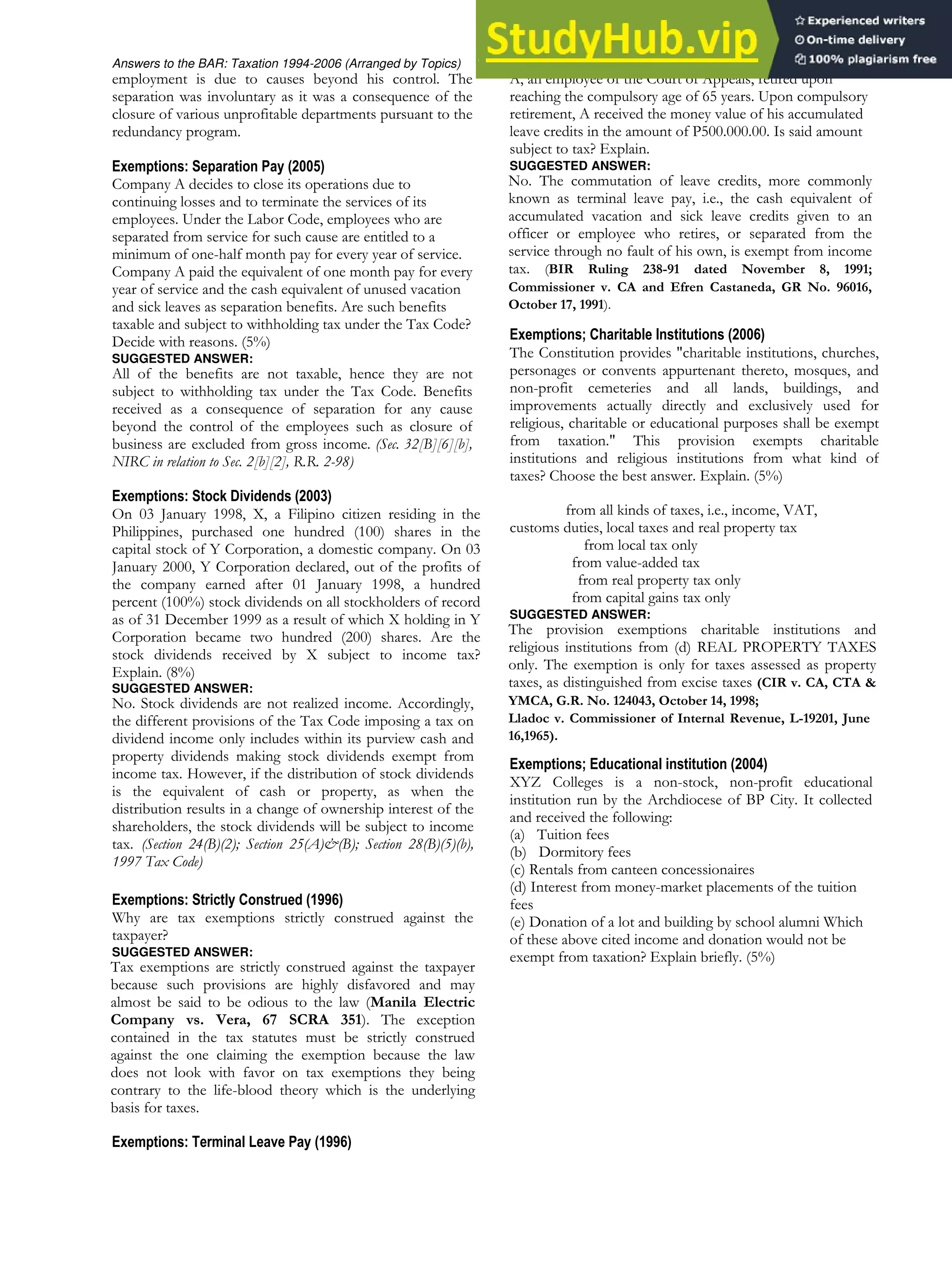 ANSWERS TO BAR EXAMINATION QUESTIONS IN TAXATION LAW ARRANGED BY TOPIC ...