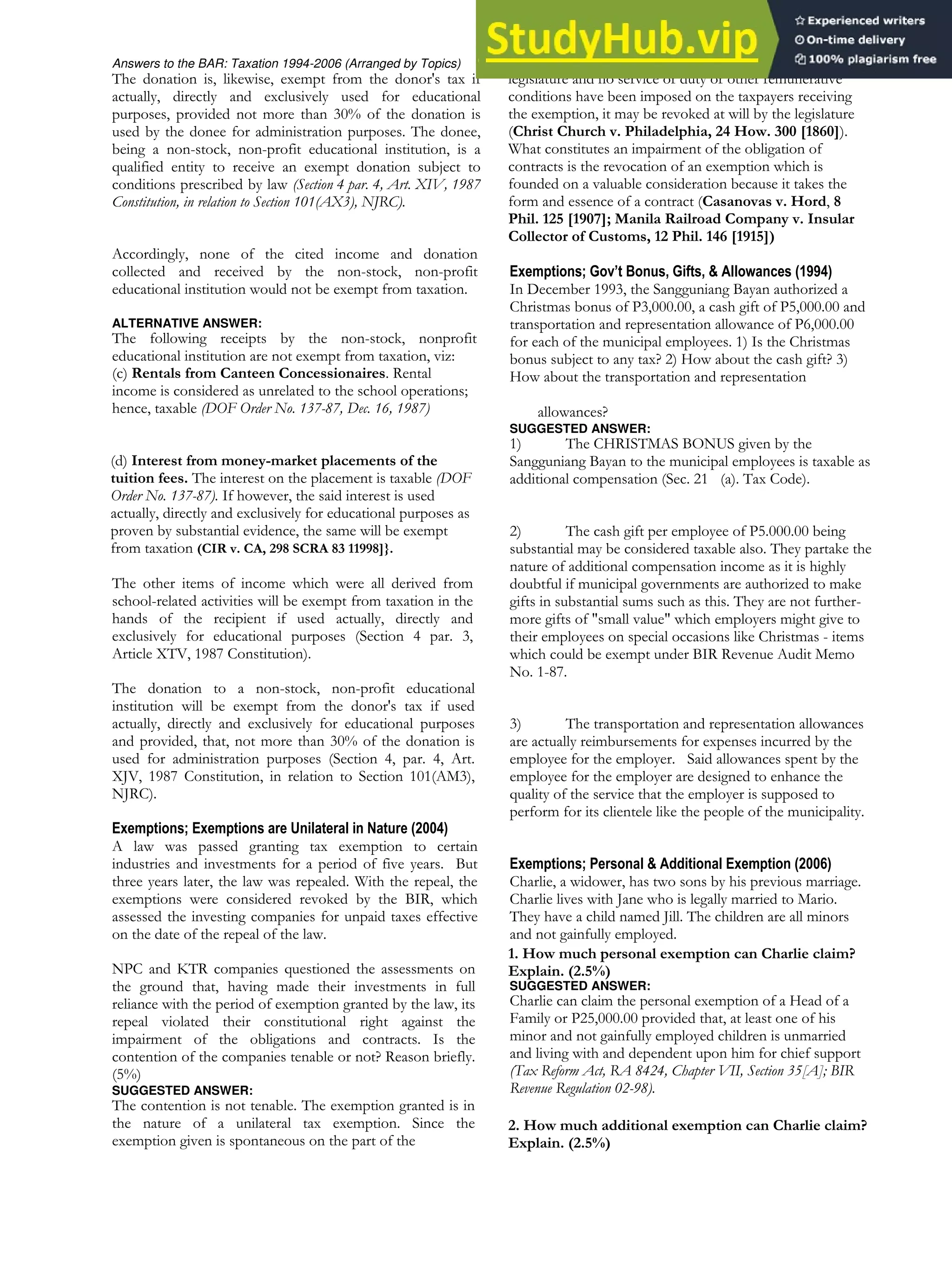 ANSWERS TO BAR EXAMINATION QUESTIONS IN TAXATION LAW ARRANGED BY TOPIC ...