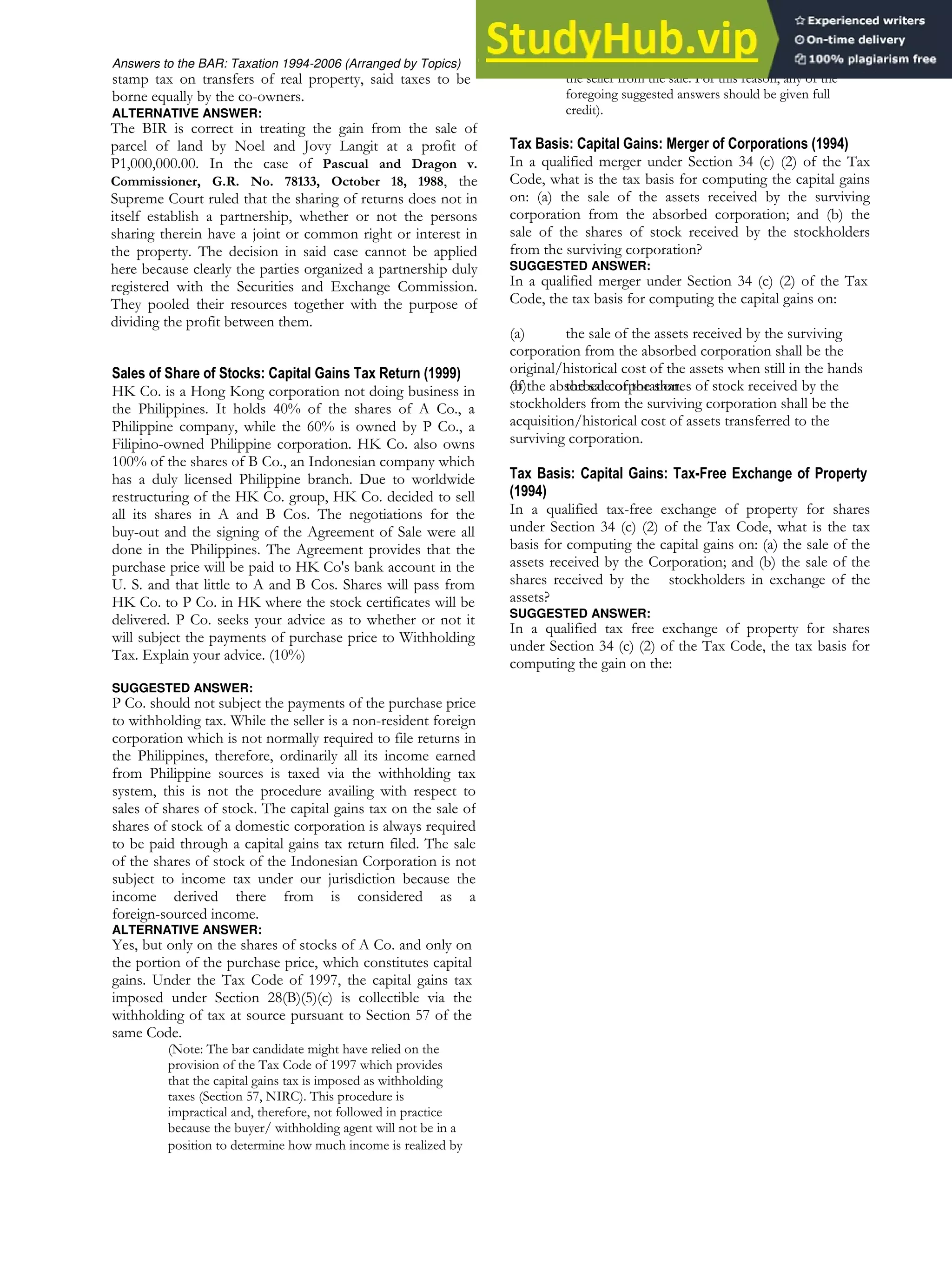 ANSWERS TO BAR EXAMINATION QUESTIONS IN TAXATION LAW ARRANGED BY TOPIC ...