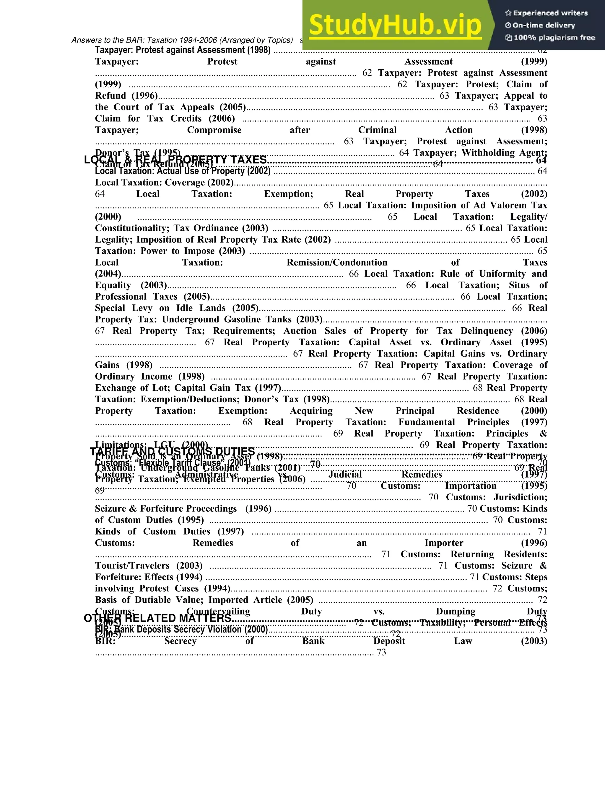 ANSWERS TO BAR EXAMINATION QUESTIONS IN TAXATION LAW ARRANGED BY TOPIC ...