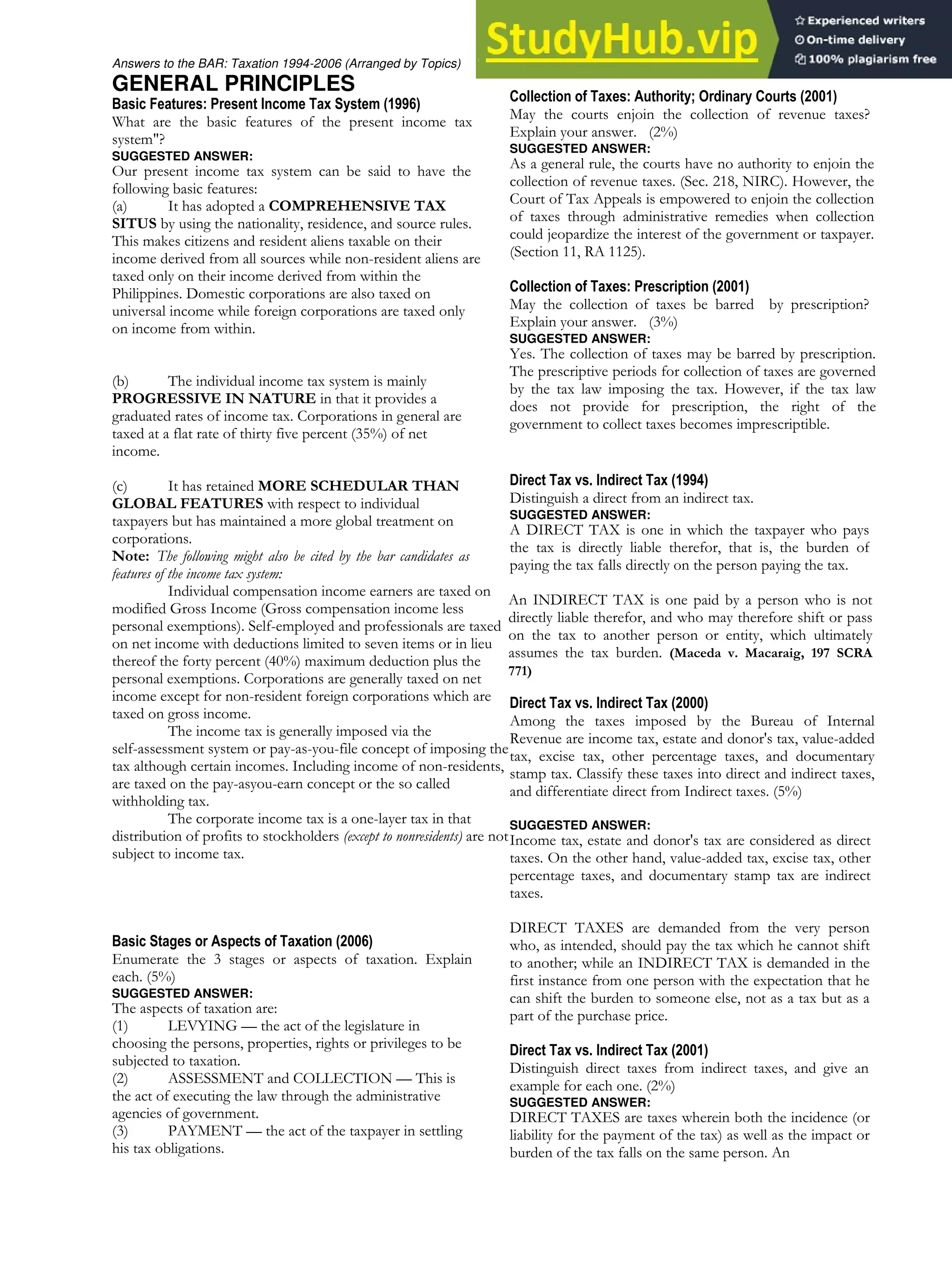 ANSWERS TO BAR EXAMINATION QUESTIONS IN TAXATION LAW ARRANGED BY TOPIC ...