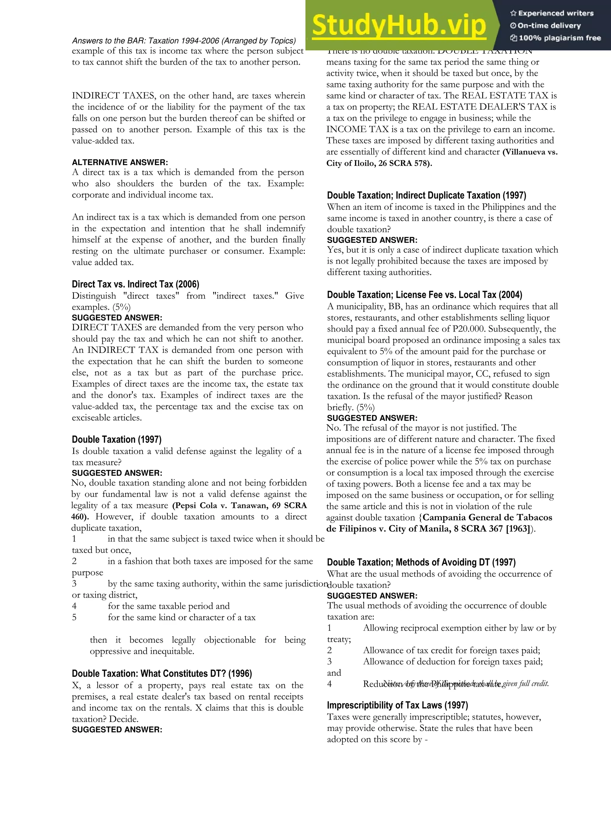 ANSWERS TO BAR EXAMINATION QUESTIONS IN TAXATION LAW ARRANGED BY TOPIC ...