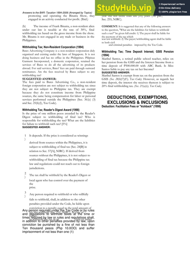ANSWERS TO BAR EXAMINATION QUESTIONS IN TAXATION LAW ARRANGED BY TOPIC ...