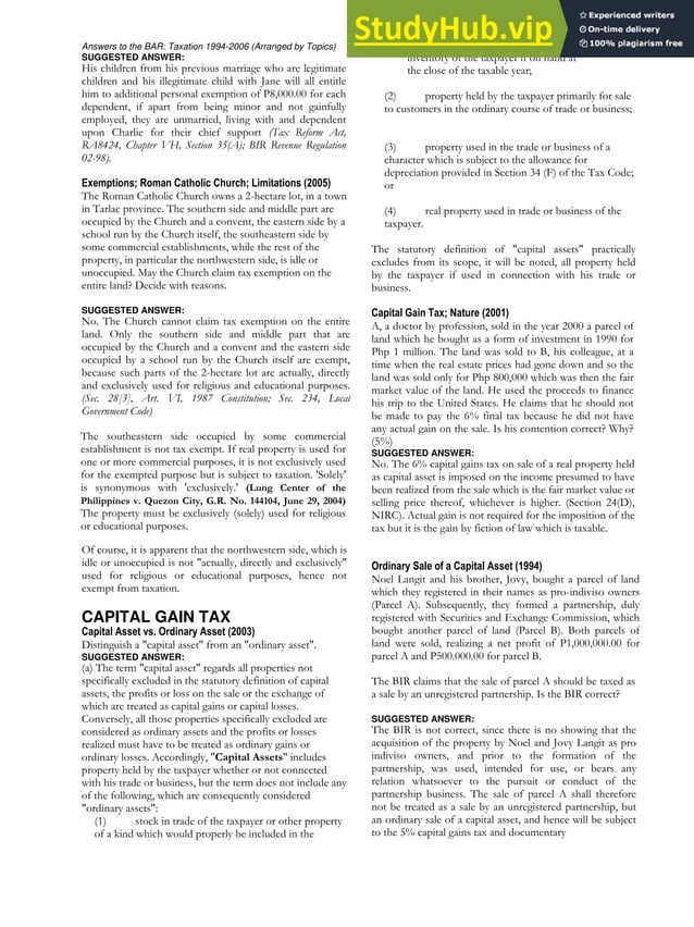 ANSWERS TO BAR EXAMINATION QUESTIONS IN TAXATION LAW ARRANGED BY TOPIC ...