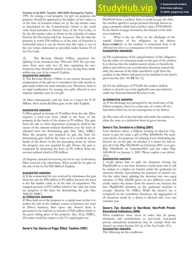 ANSWERS TO BAR EXAMINATION QUESTIONS IN TAXATION LAW ARRANGED BY TOPIC ...