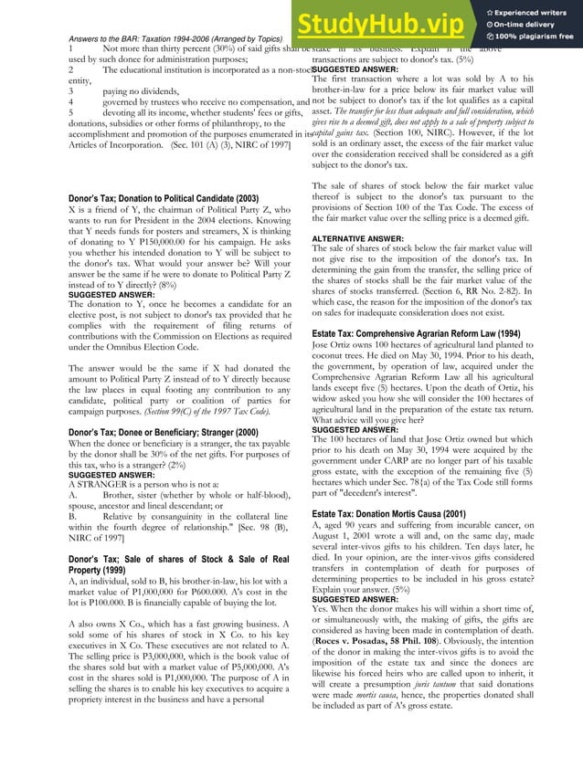 ANSWERS TO BAR EXAMINATION QUESTIONS IN TAXATION LAW ARRANGED BY TOPIC | PDF