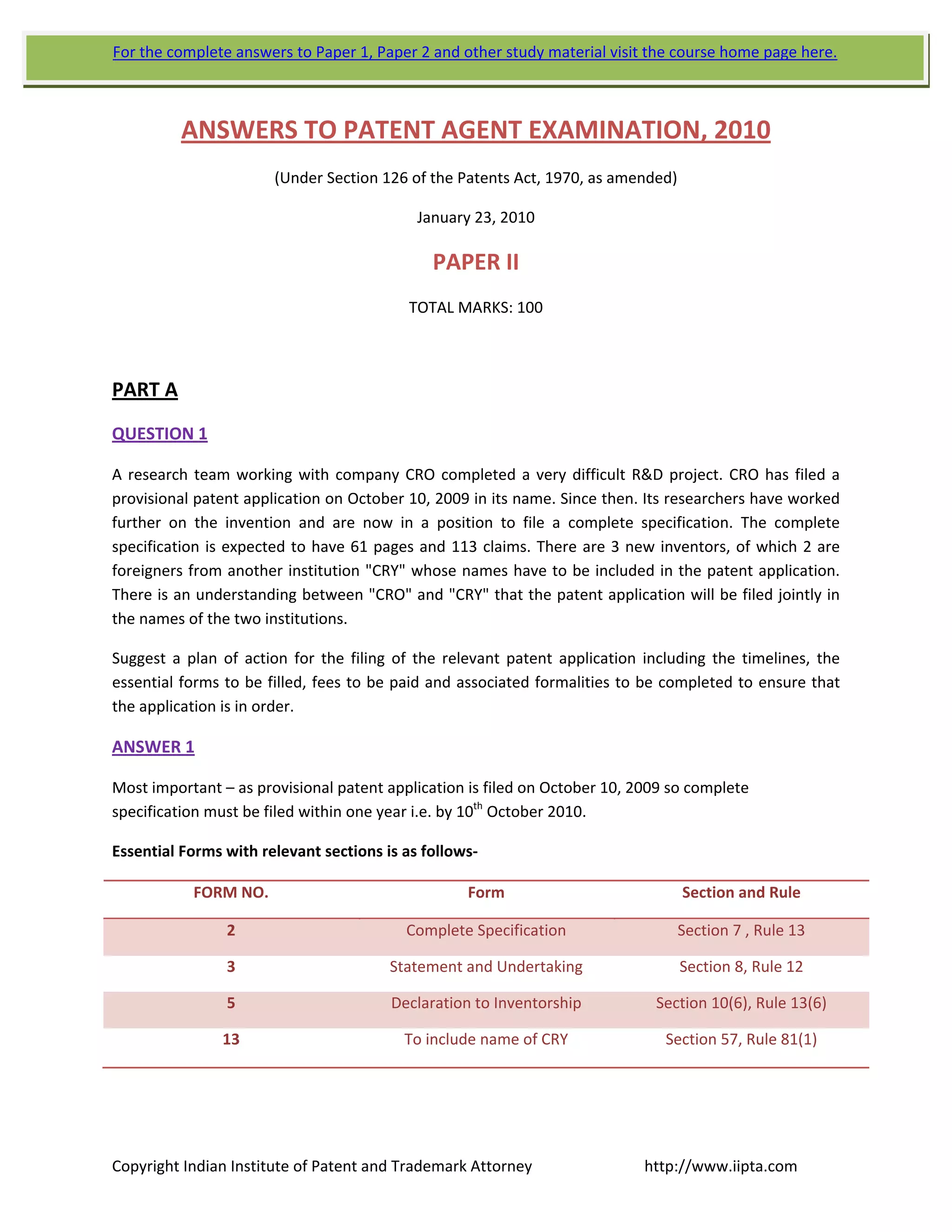 Answers to Patent Agent Examination - IIPTA | PDF