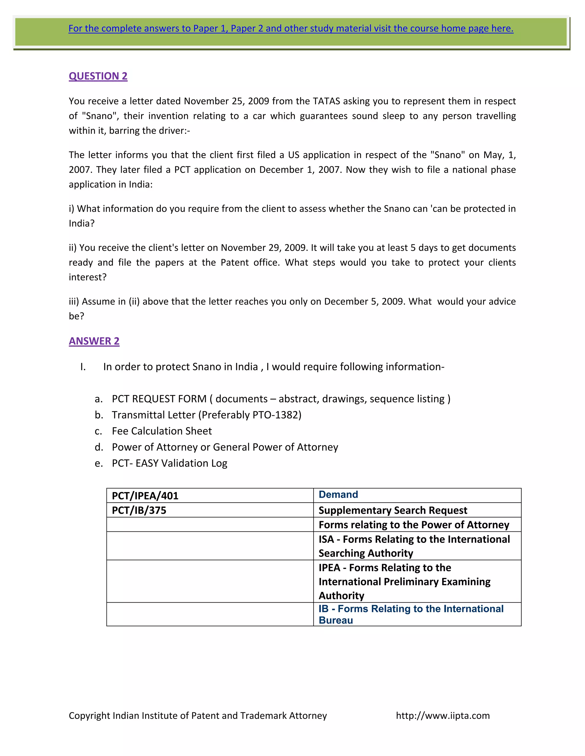 Answers to Patent Agent Examination - IIPTA | PDF