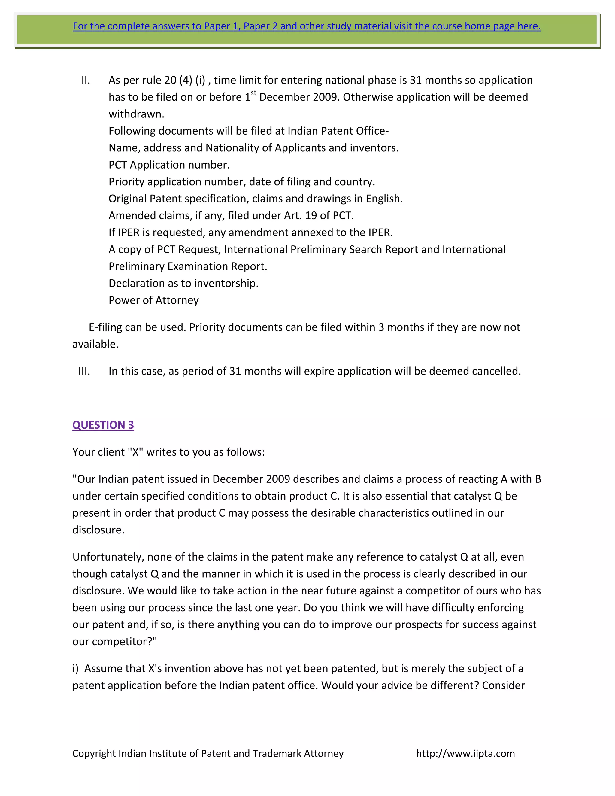 Answers to Patent Agent Examination - IIPTA | PDF