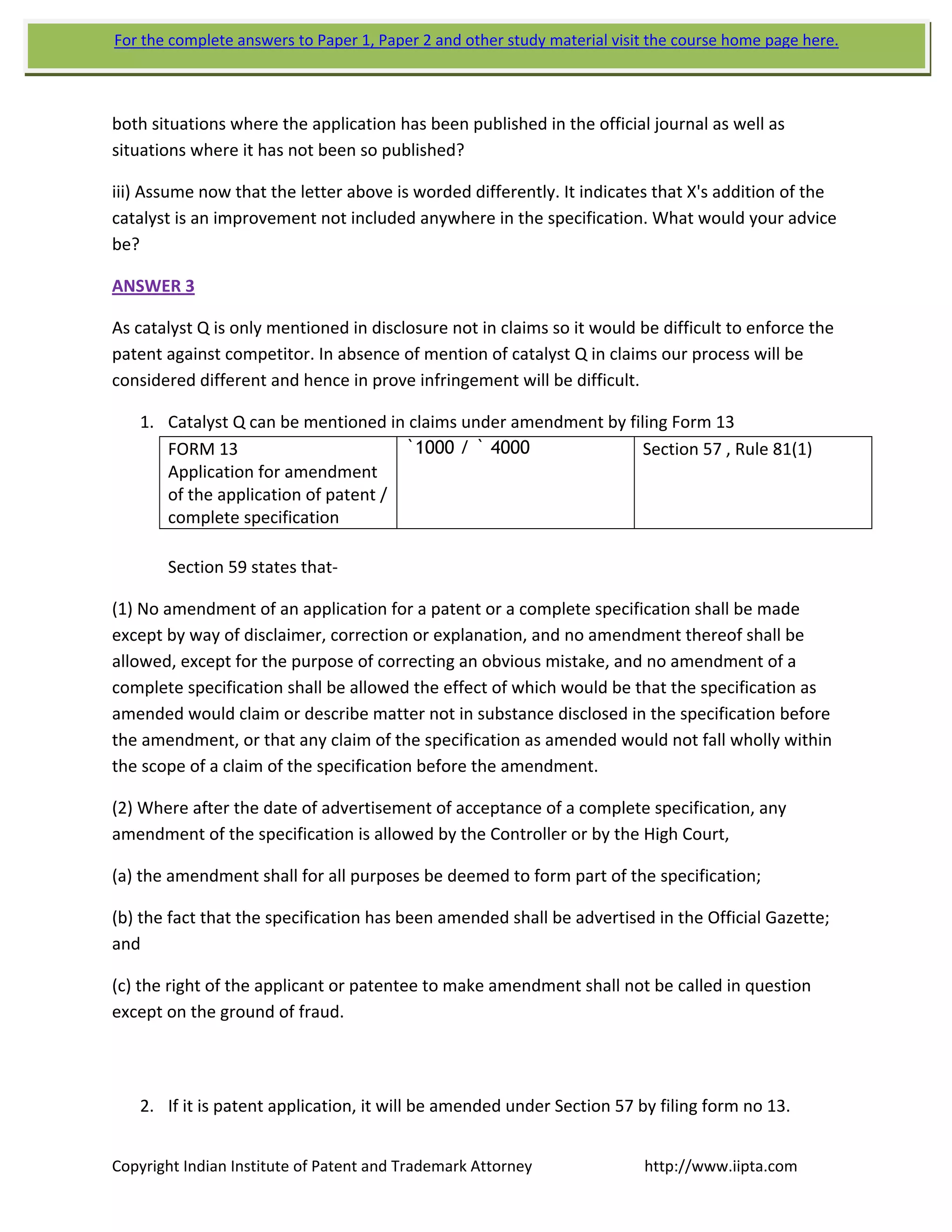 Answers to Patent Agent Examination - IIPTA | PDF