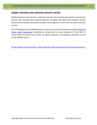 Answers to Patent Agent Examination - IIPTA | PDF