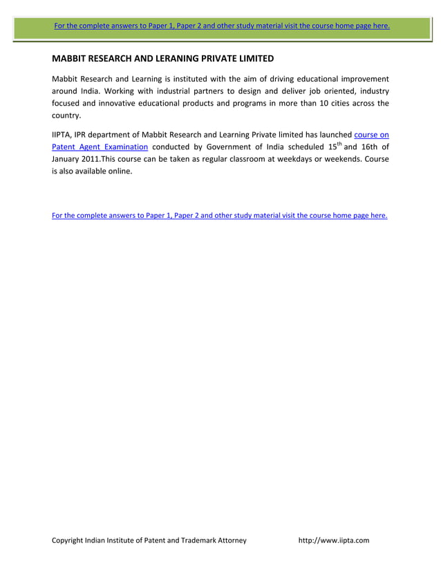 Answers to Patent Agent Examination - IIPTA | PDF | Legal Services ...