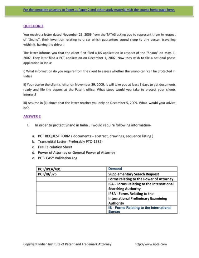 Answers to Patent Agent Examination - IIPTA | PDF | Legal Services ...