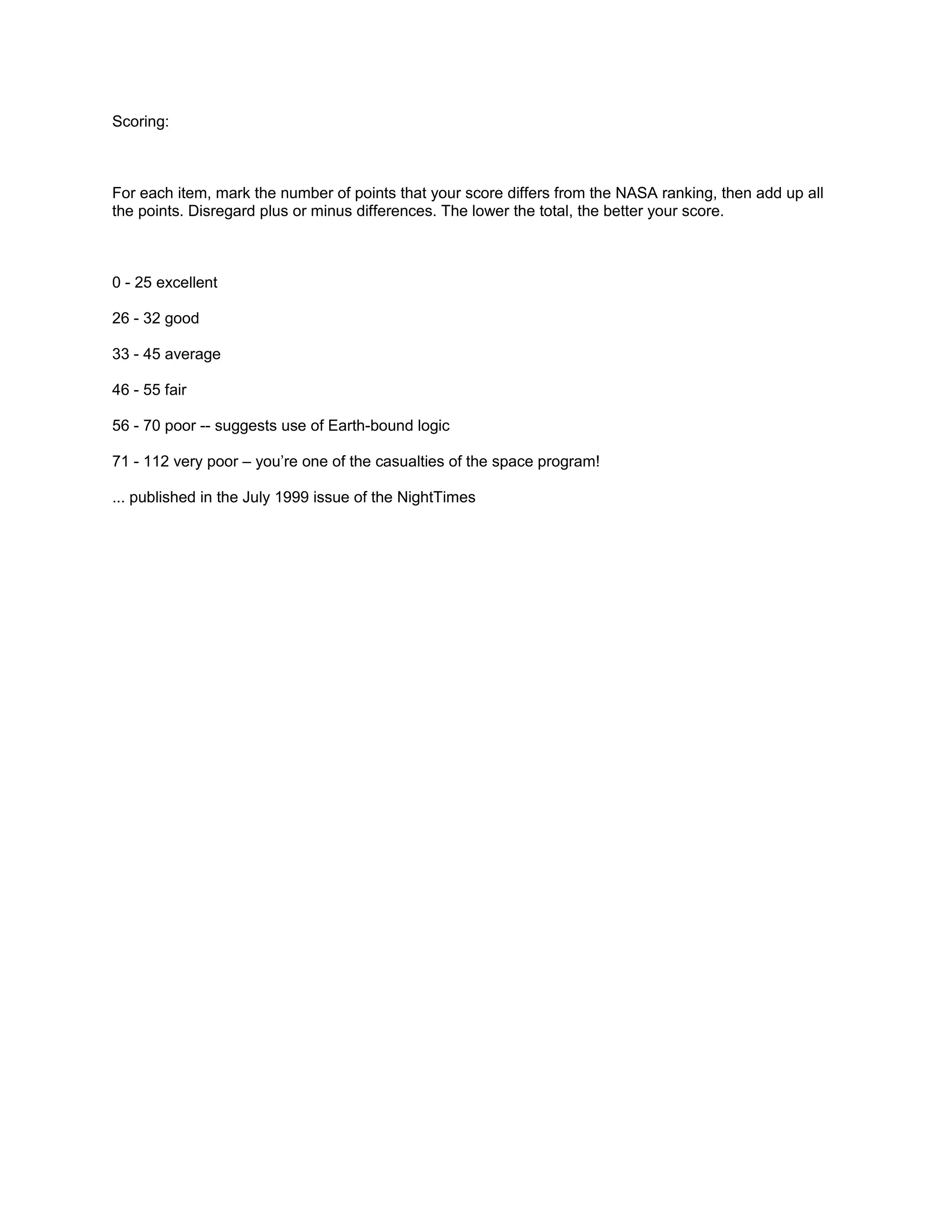 Answers to the survival on the moon exercise | DOC