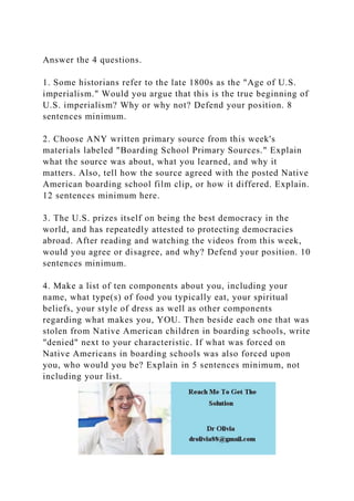 Answer 4 questions on US imperialism, boarding schools, democracy | PDF