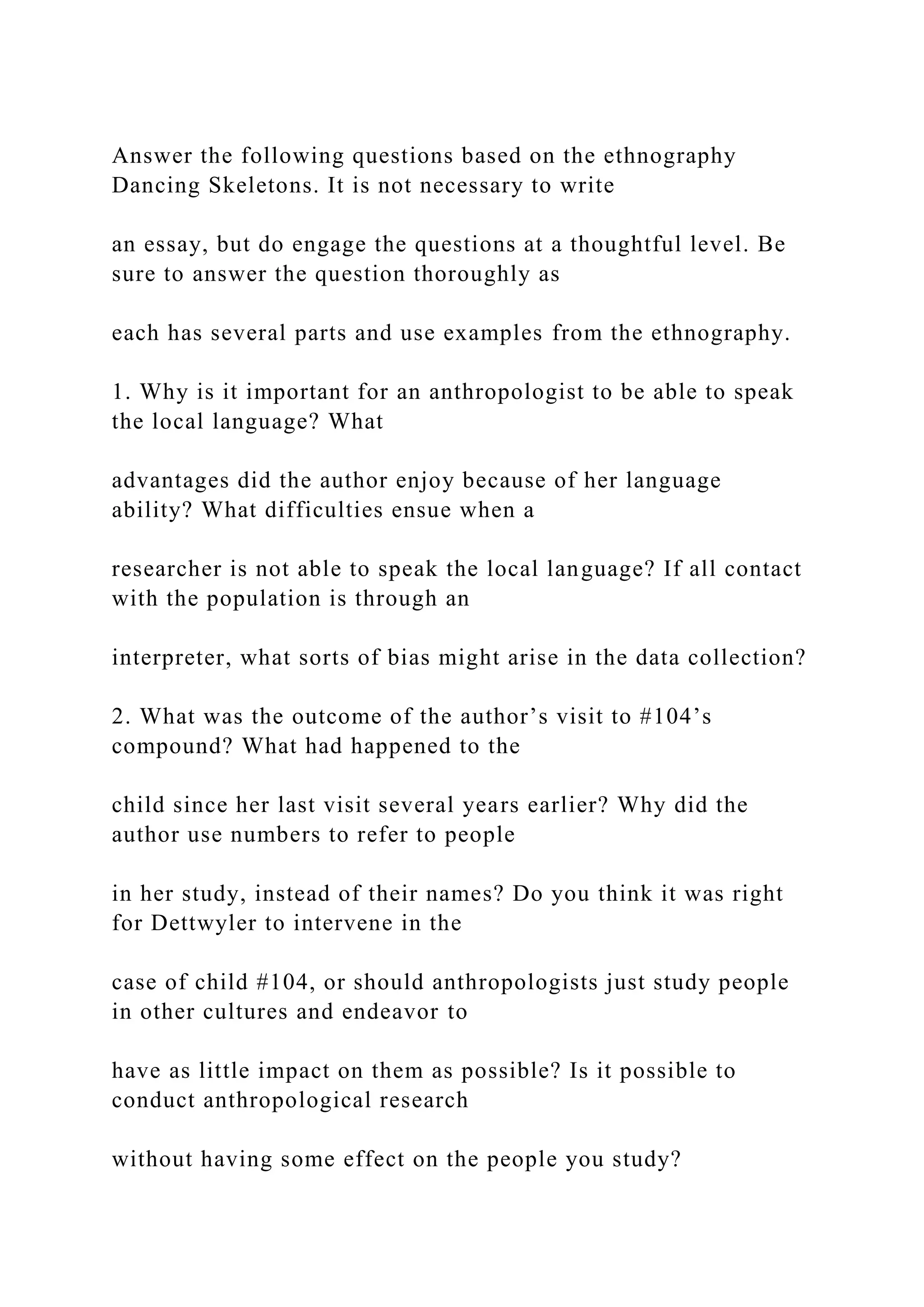 Answer the following questions based on the ethnography Dancing Skel.docx