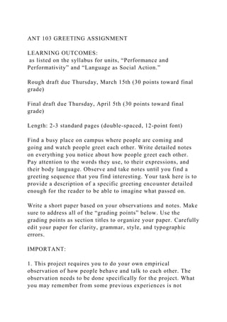 ANT 103 GREETING ASSIGNMENTLEARNING OUTCOMES as listed on the | PDF