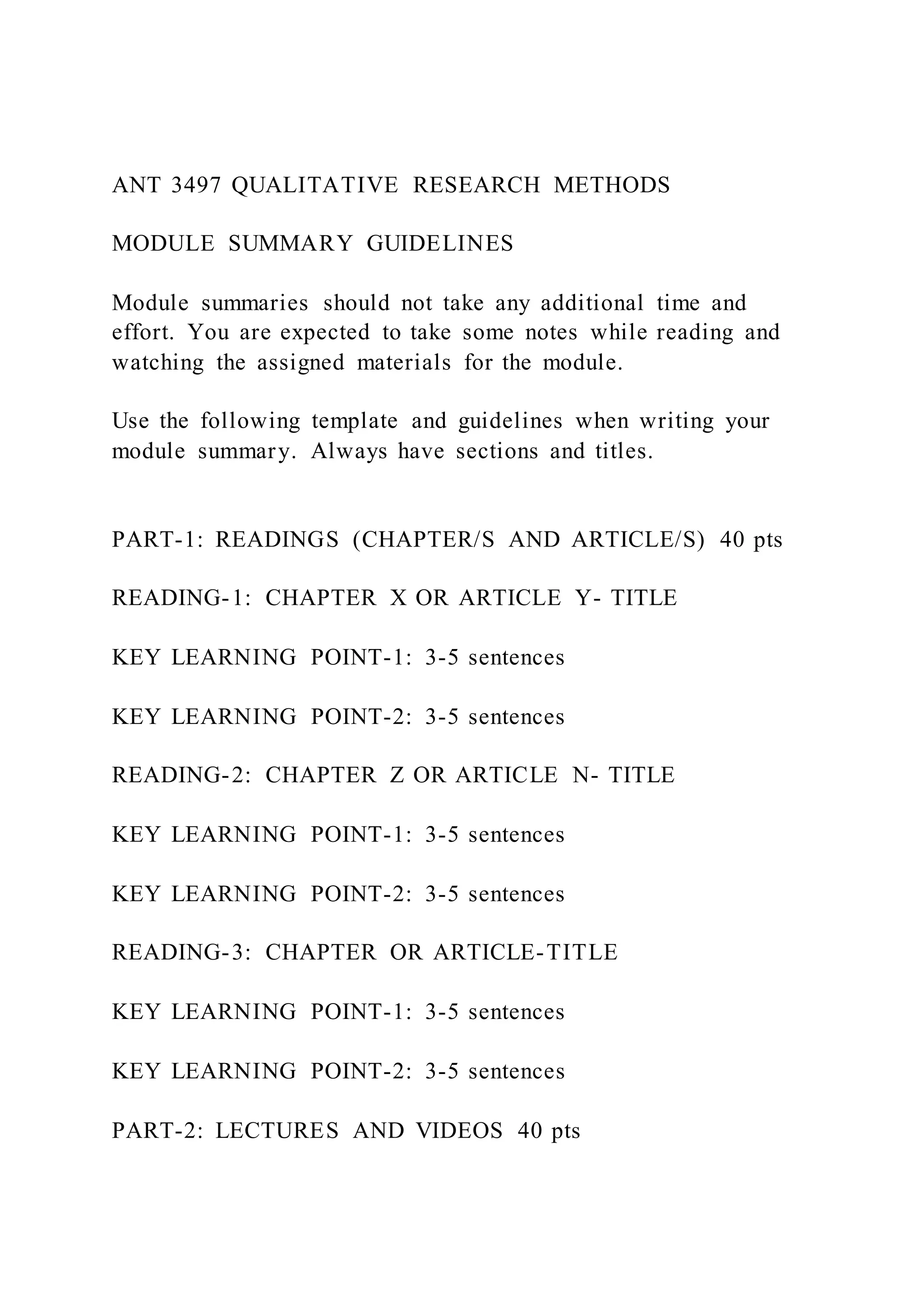 ANT 3497 QUALITATIVE RESEARCH METHODSMODULE SUMMARY GUIDELINES | PDF
