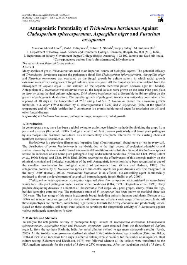 Antagonistic potentiality of trichoderma harzianum against cladosporium spherospermum ...