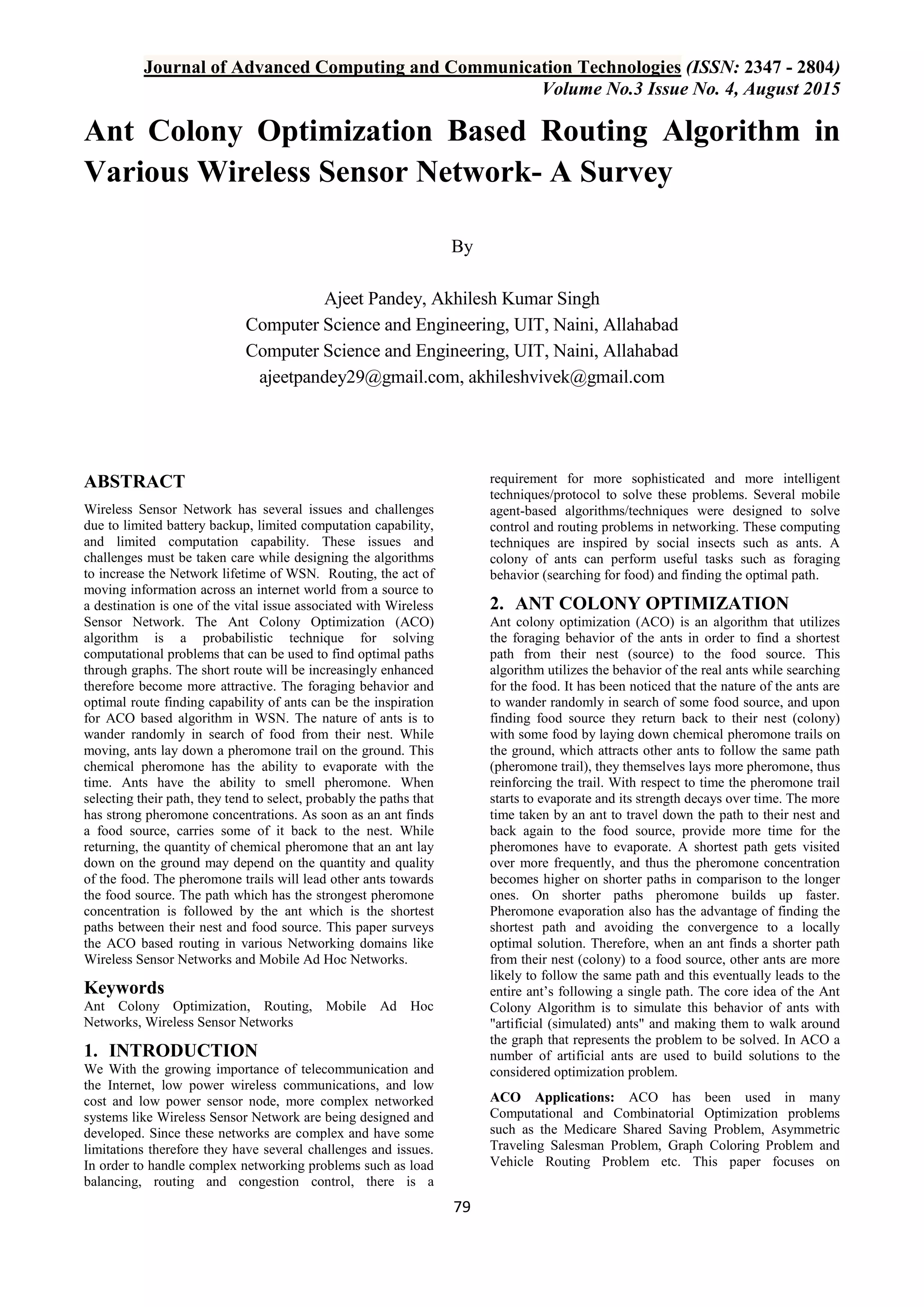 Ant Colony Optimization Based Routing Algorithm In Various Wireless
