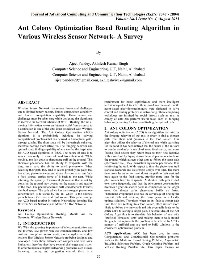 Ant Colony Optimization Based Routing Algorithm In Various Wireless Sensor Network A Survey Pdf