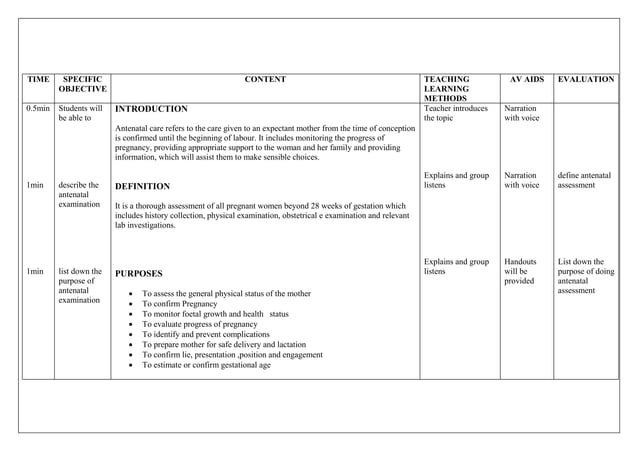 Antenatal Lessonplan for nursing students | DOCX | Pregnancy ...