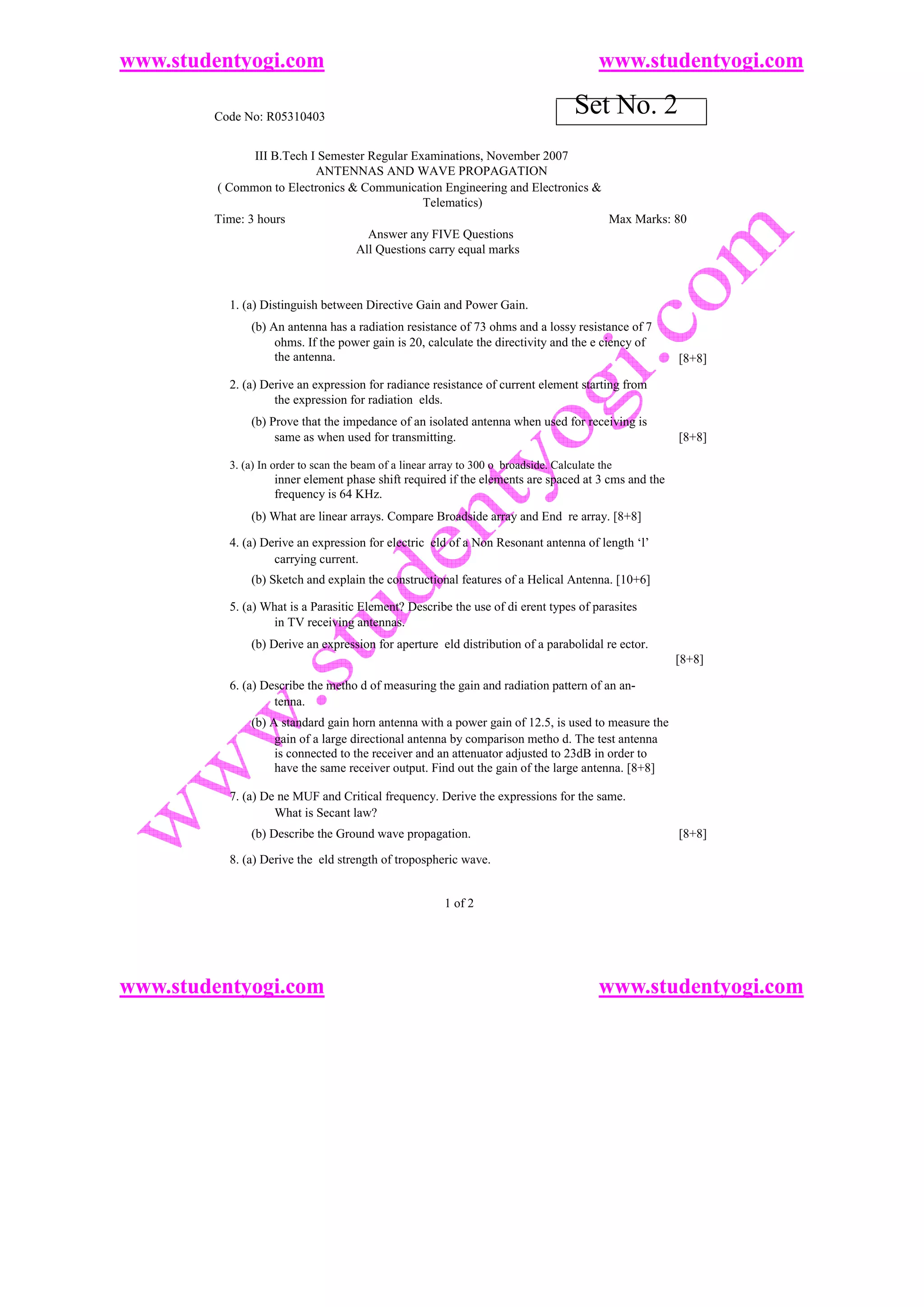 Antennas And Wave Propagation Jntu Model Paper{Www.Studentyogi.Com} | PDF