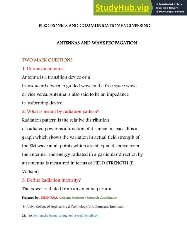 Antenna Wave Propagation - Important Questions With Answers | PDF