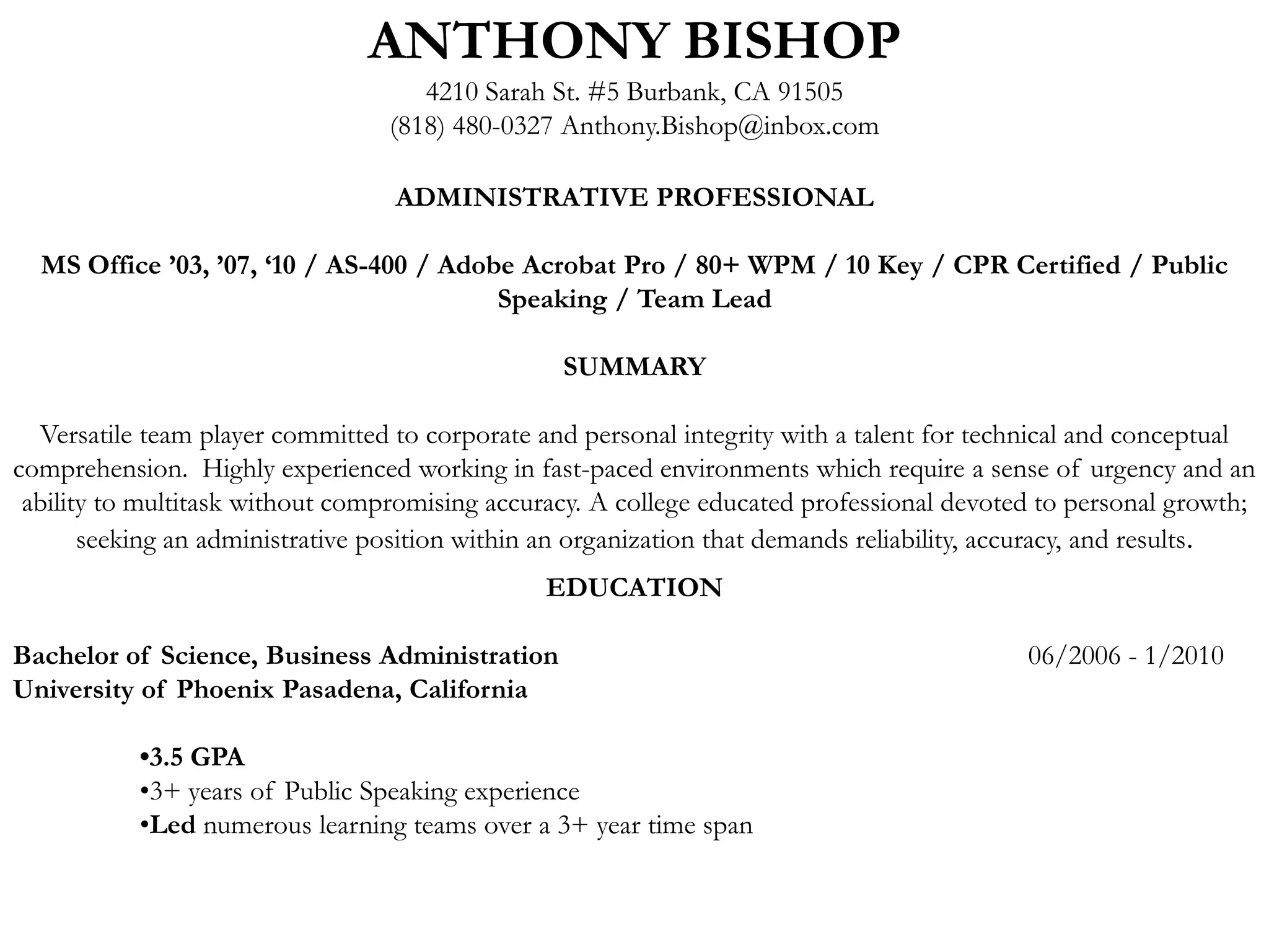 Anthony Bishop Administrative Professional BS Business Administration ...