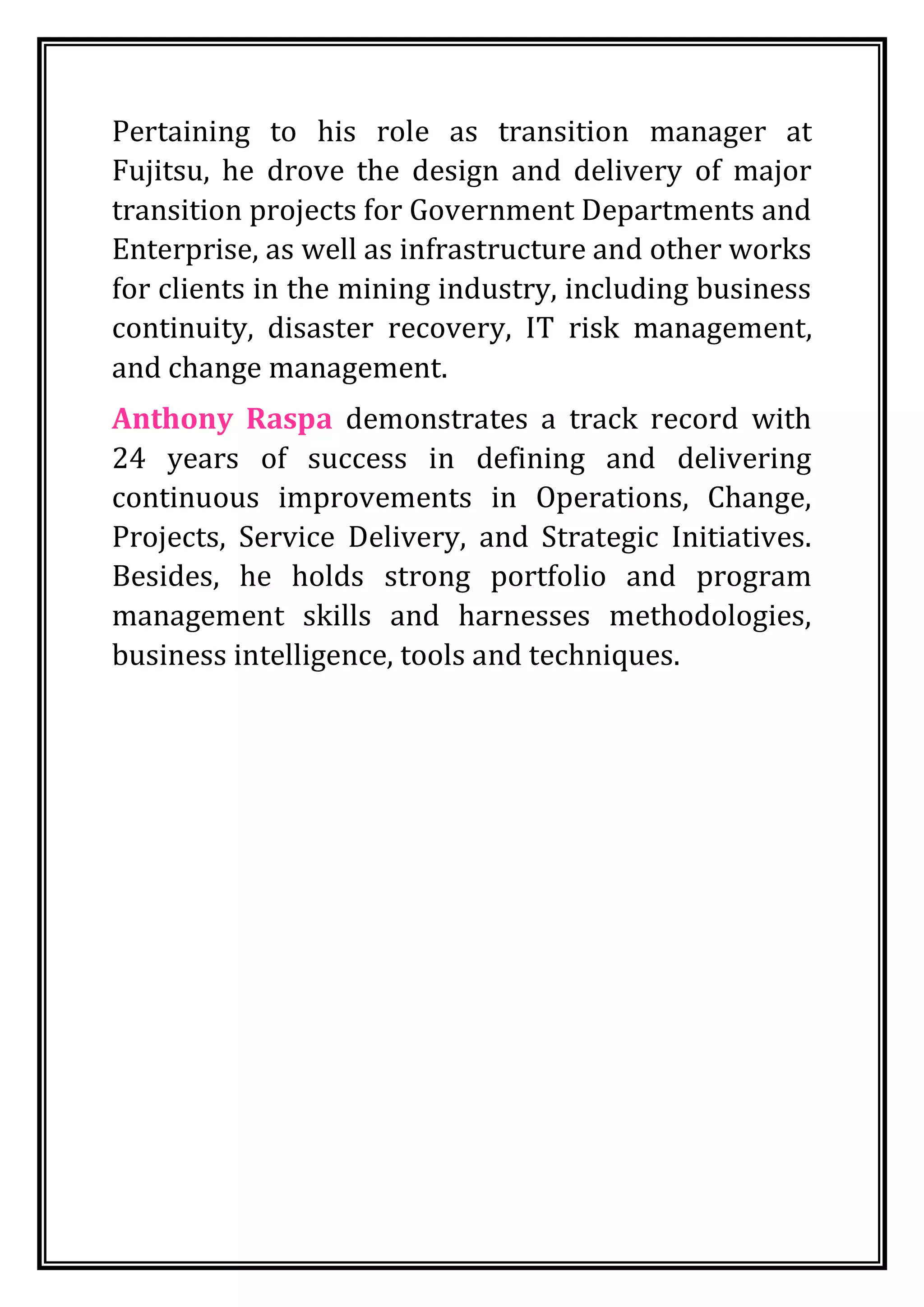 Anthony Raspa Provided Strategic Planning and Subject Matter Expertise ...