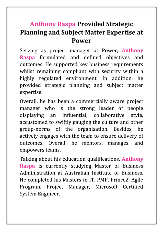 Anthony Raspa Provided Strategic Planning and Subject Matter Expertise ...
