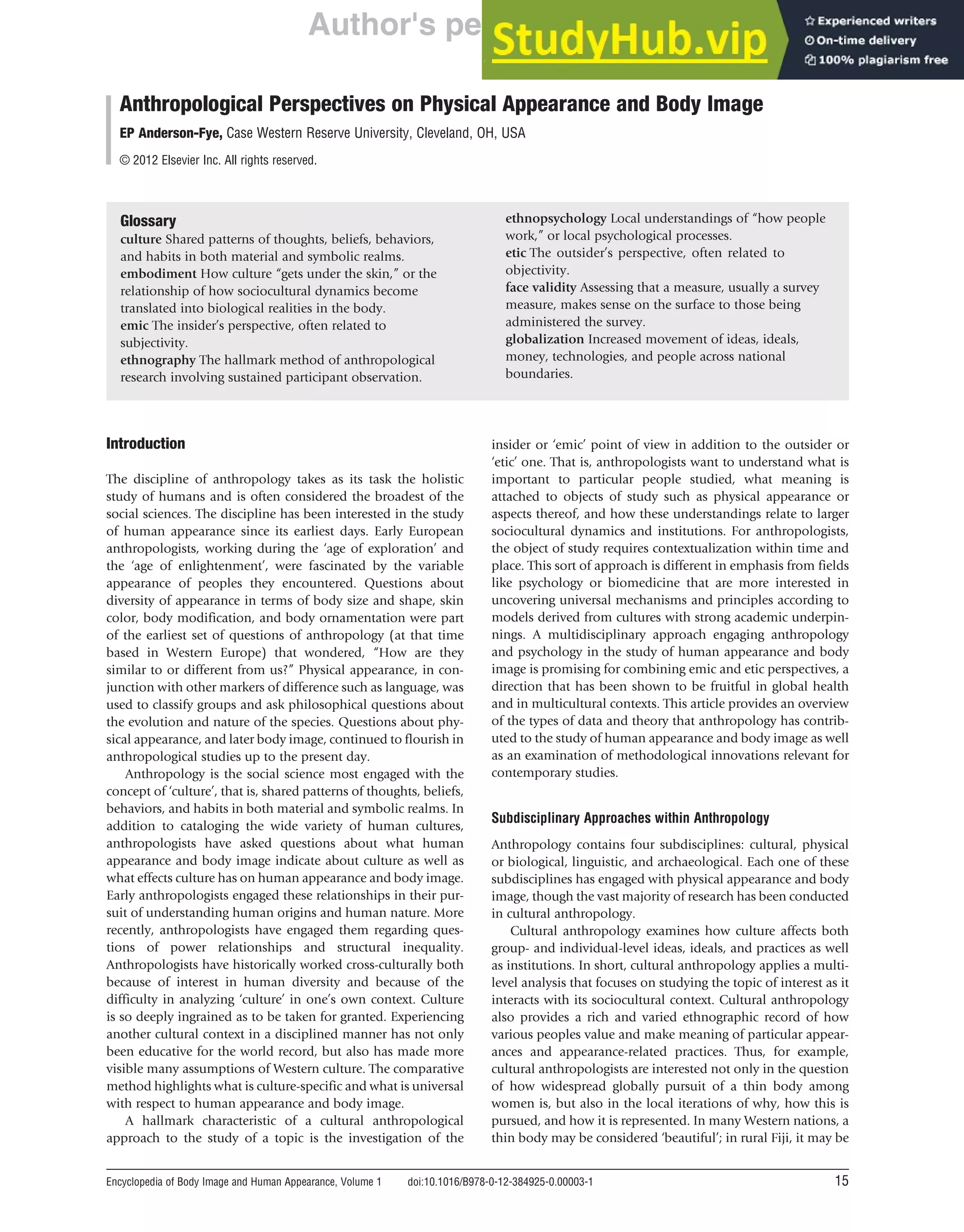 Anthropological Perspectives On Physical Appearance And Body Image | PDF