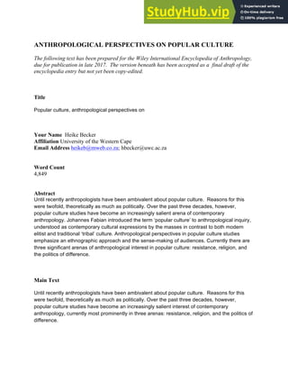 Anthropological Perspectives On Popular Culture | PDF