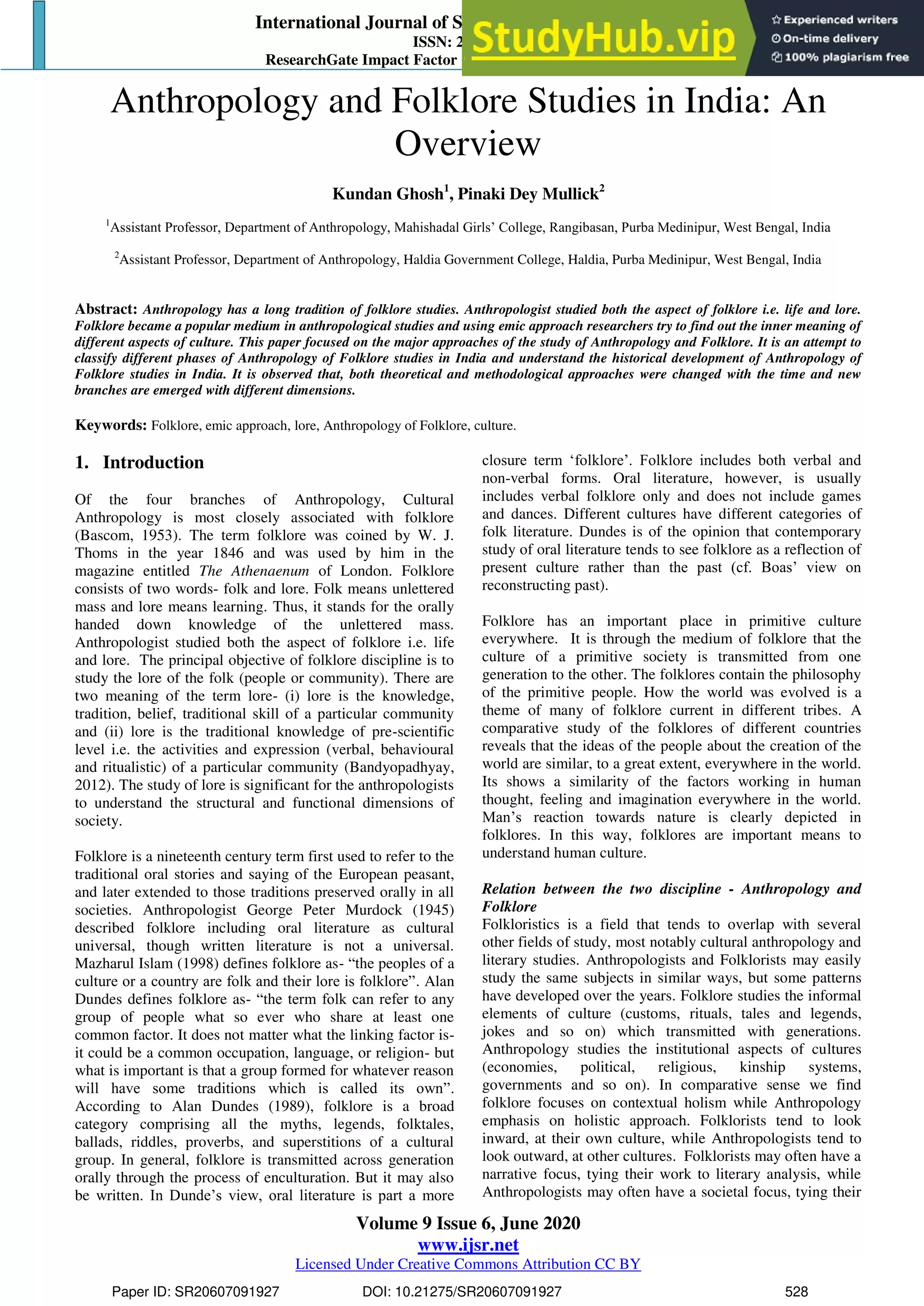 Anthropology And Folklore Studies In India An Overview | PDF