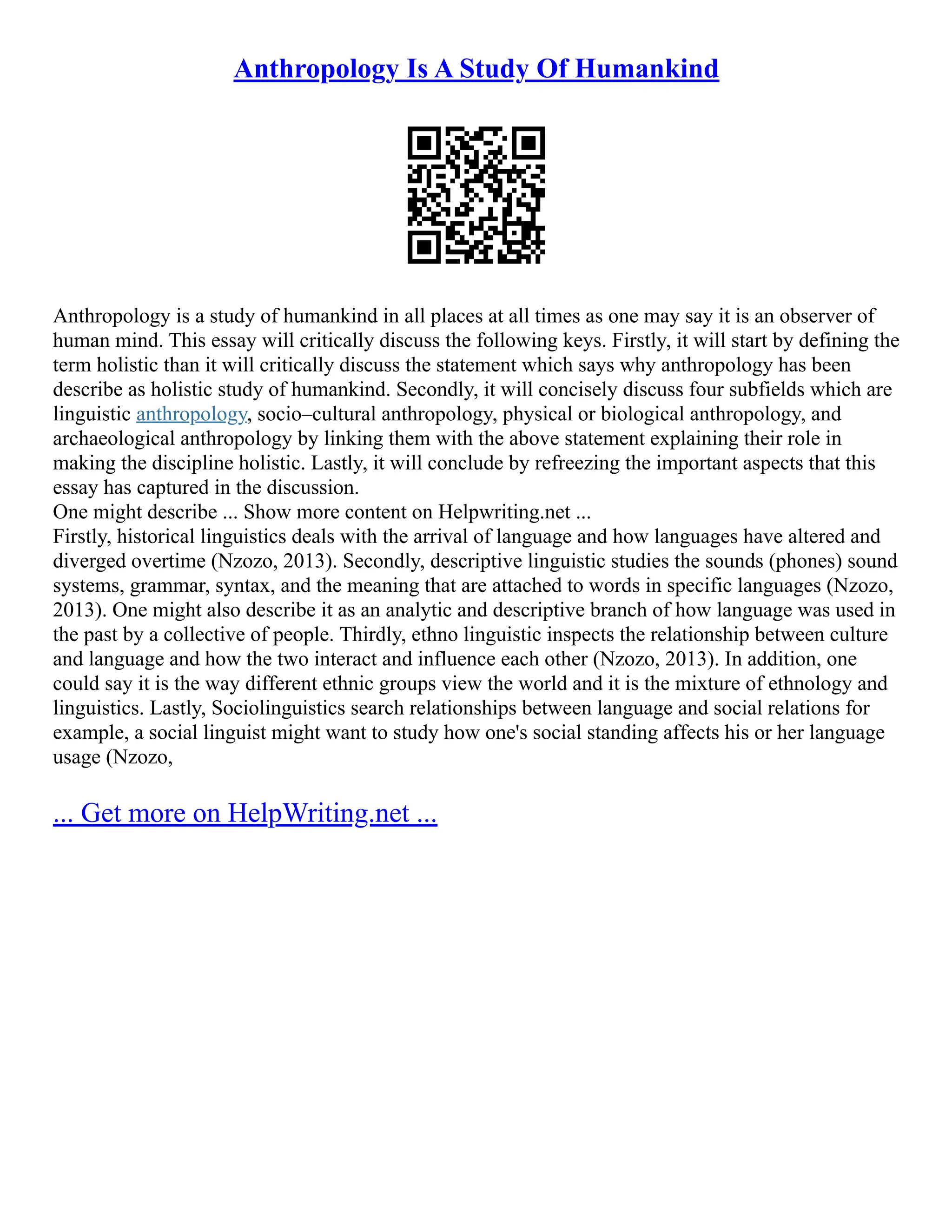 Anthropology Is A Study Of Humankind | PDF