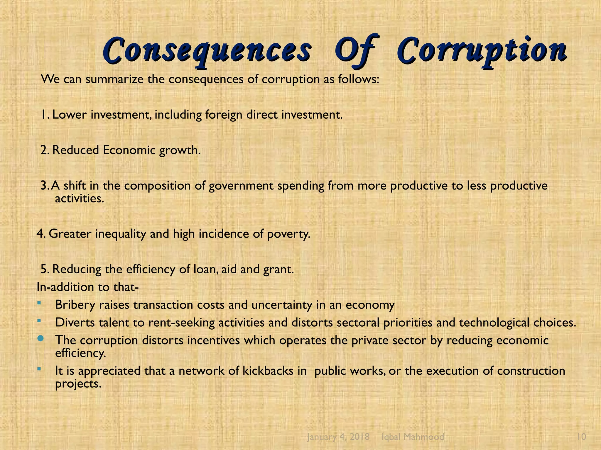 Anti corruption and integrity - causes and consequence | PPT