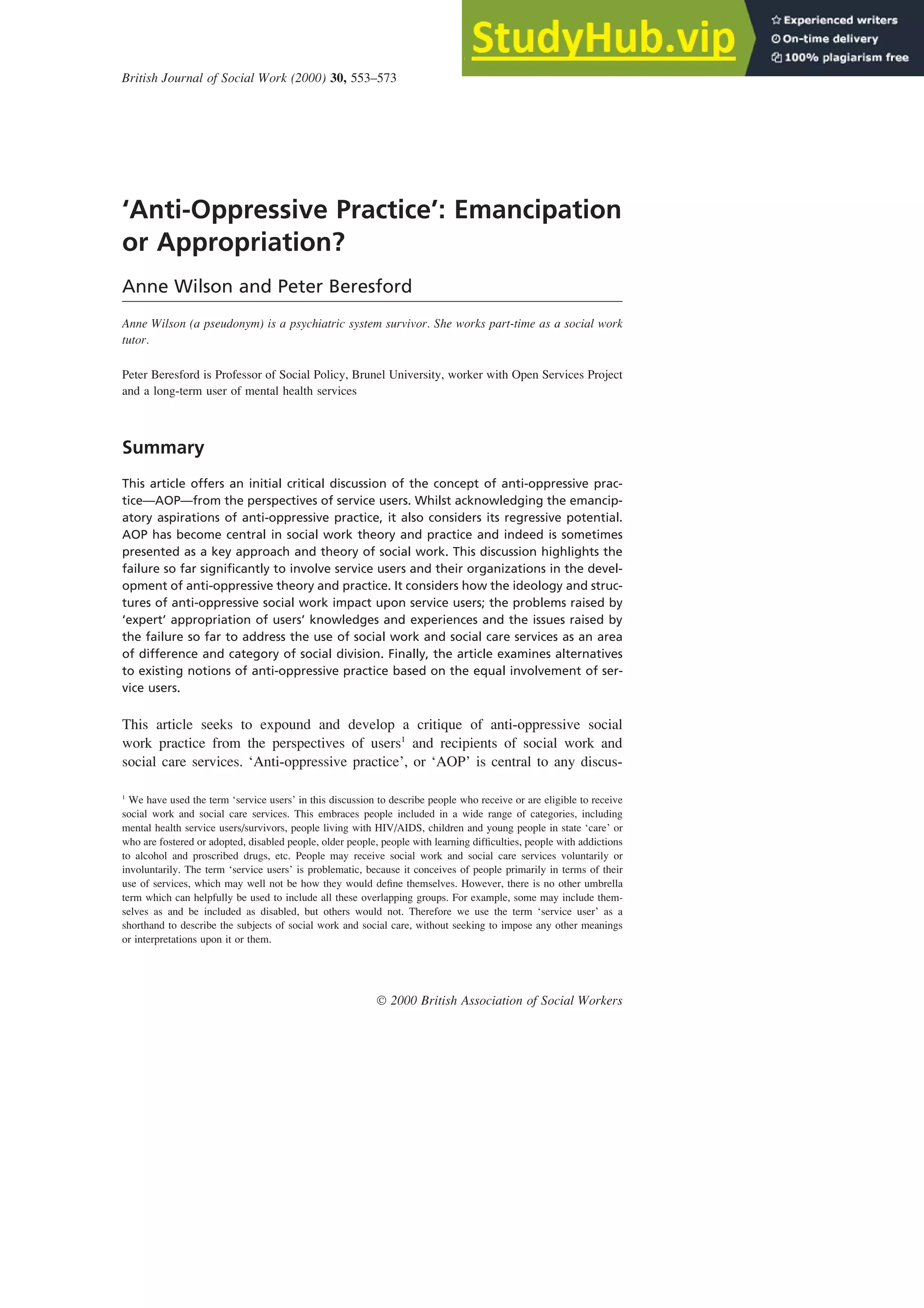 Anti-Oppressive Practice Emancipation Or Appropriation | PDF | Medical ...
