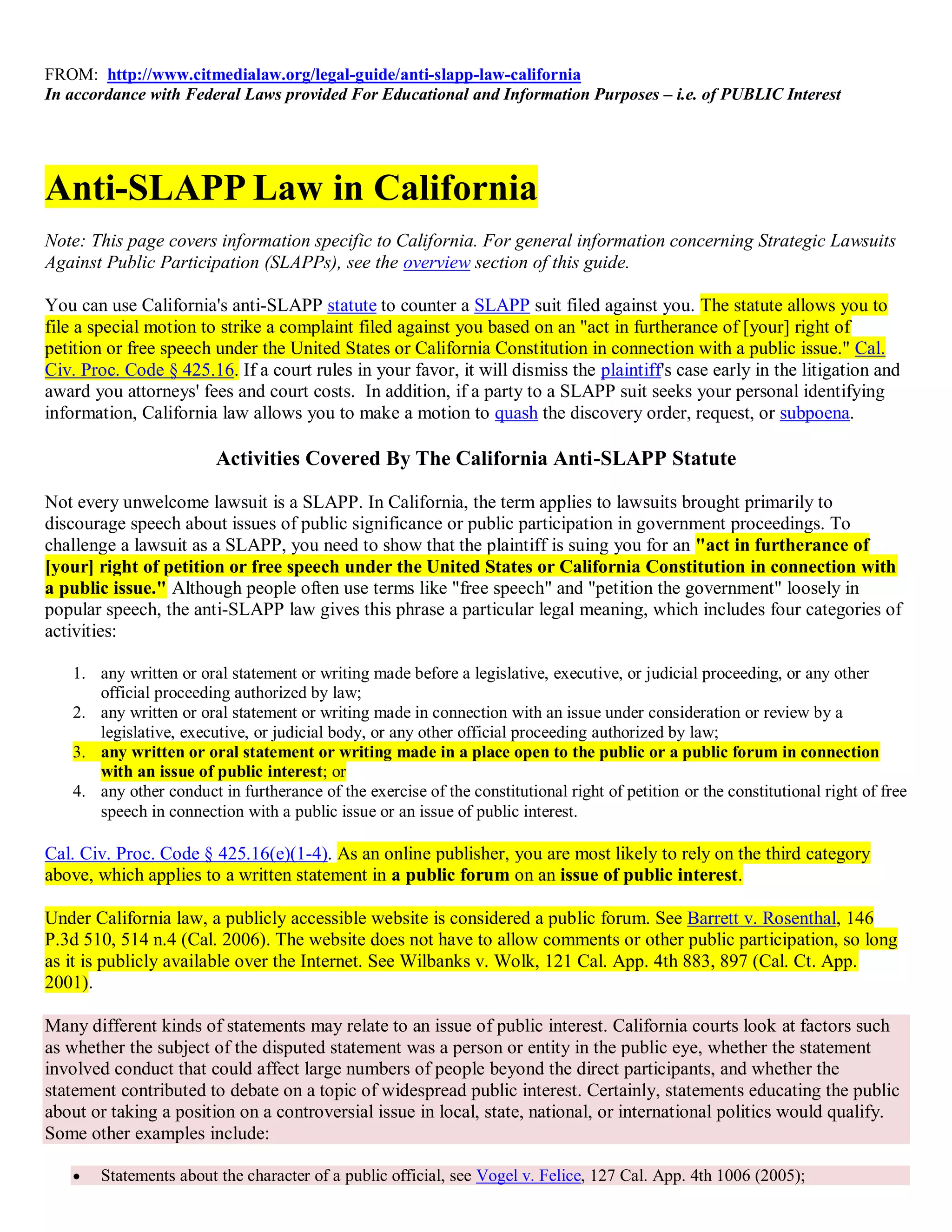 Anti slapp law of california | PDF