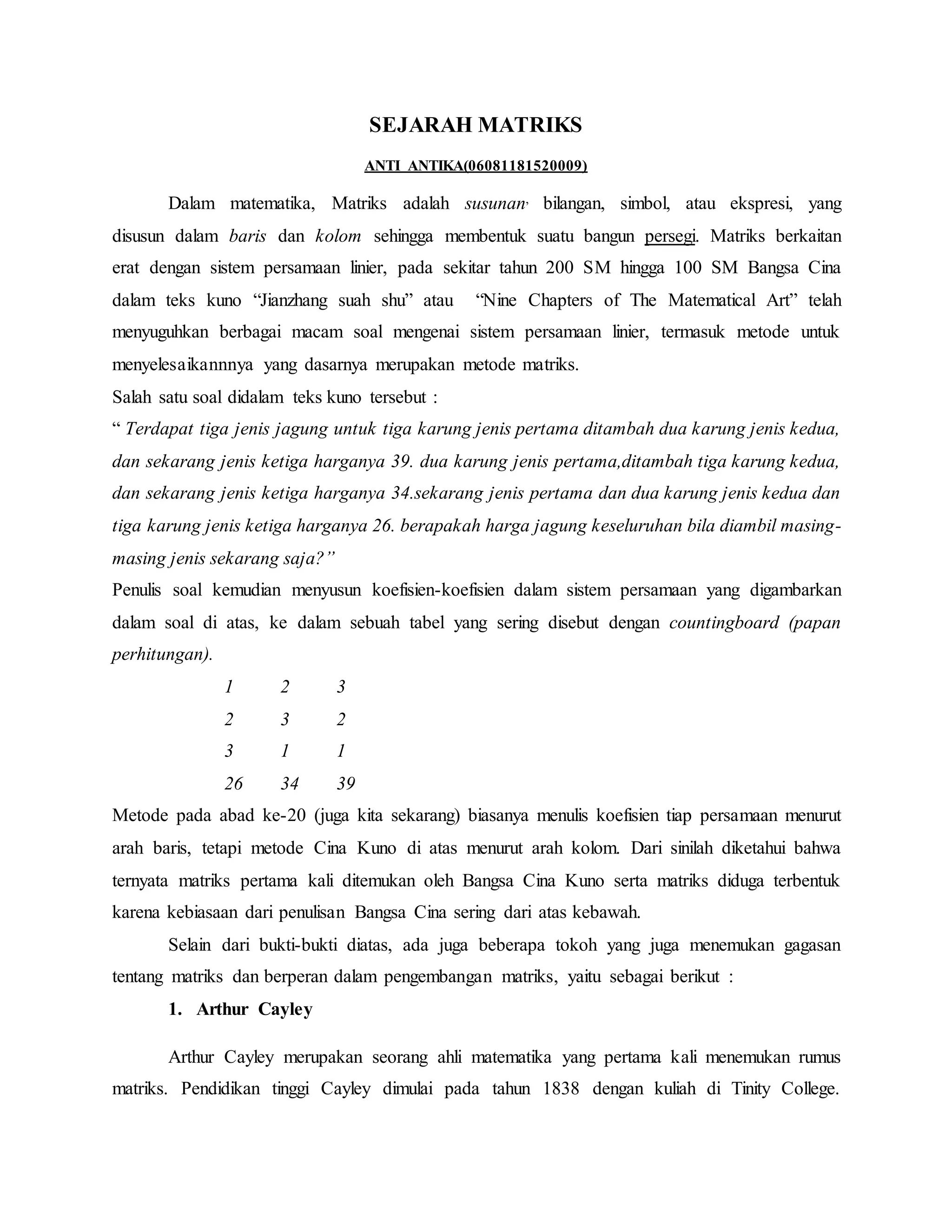 Sejarah matriks | DOCX