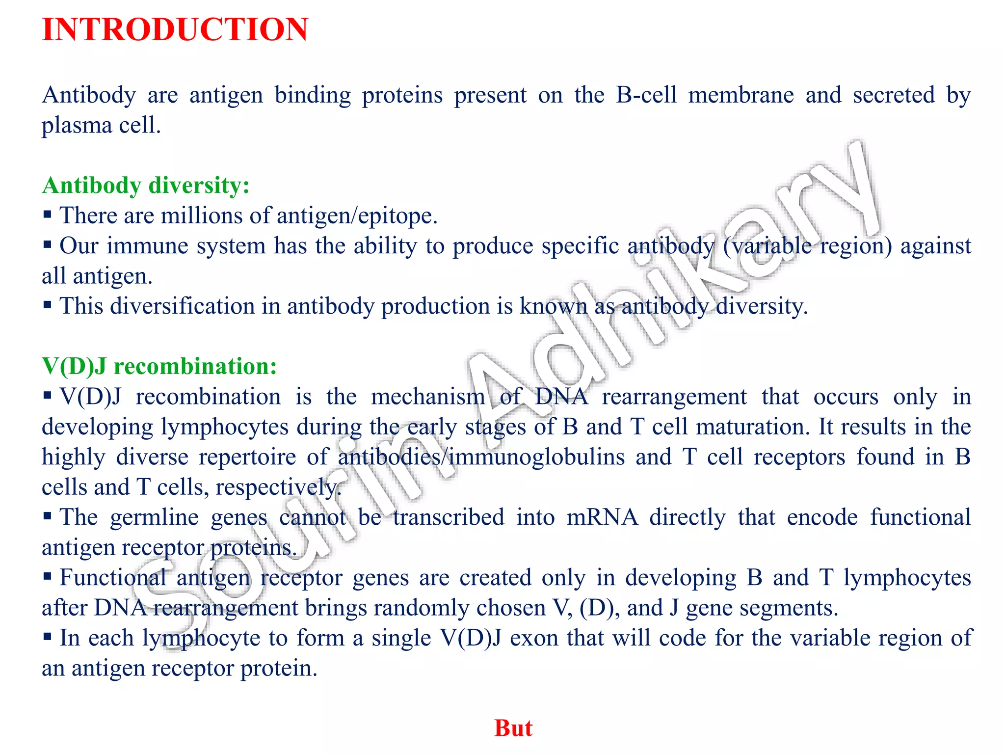Antibody diversity with special emphasis on v(d)j recombination | PPTX