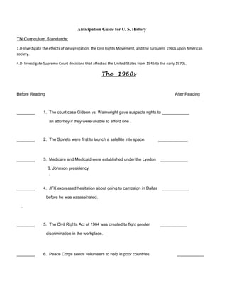 Anticipation guide 1960s forsocialstudies | PDF