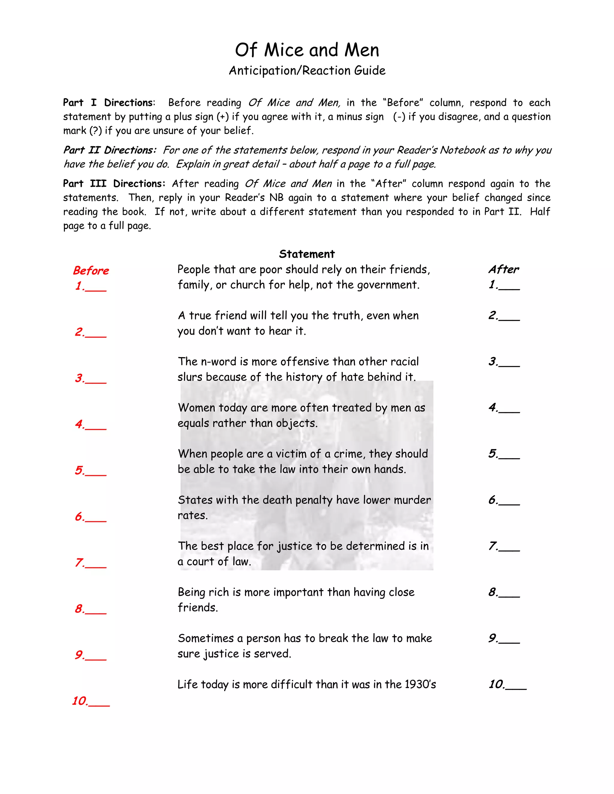 Anticipation Guide Of Mice And Men 2009 10 | DOCX