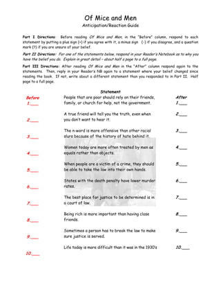 Anticipation Guide Of Mice And Men 2009 10 | DOCX