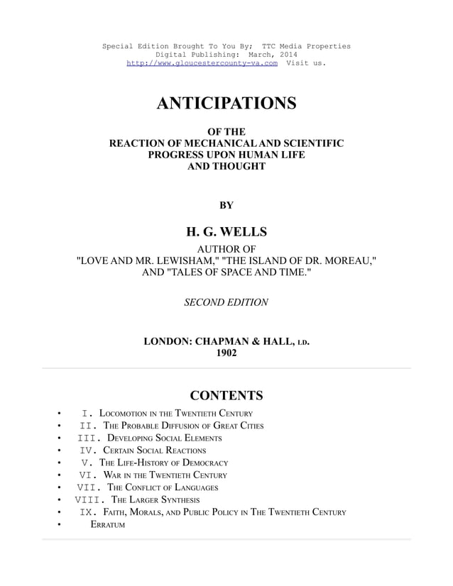 Anticipations - H.G. Wells, Free eBook | PDF