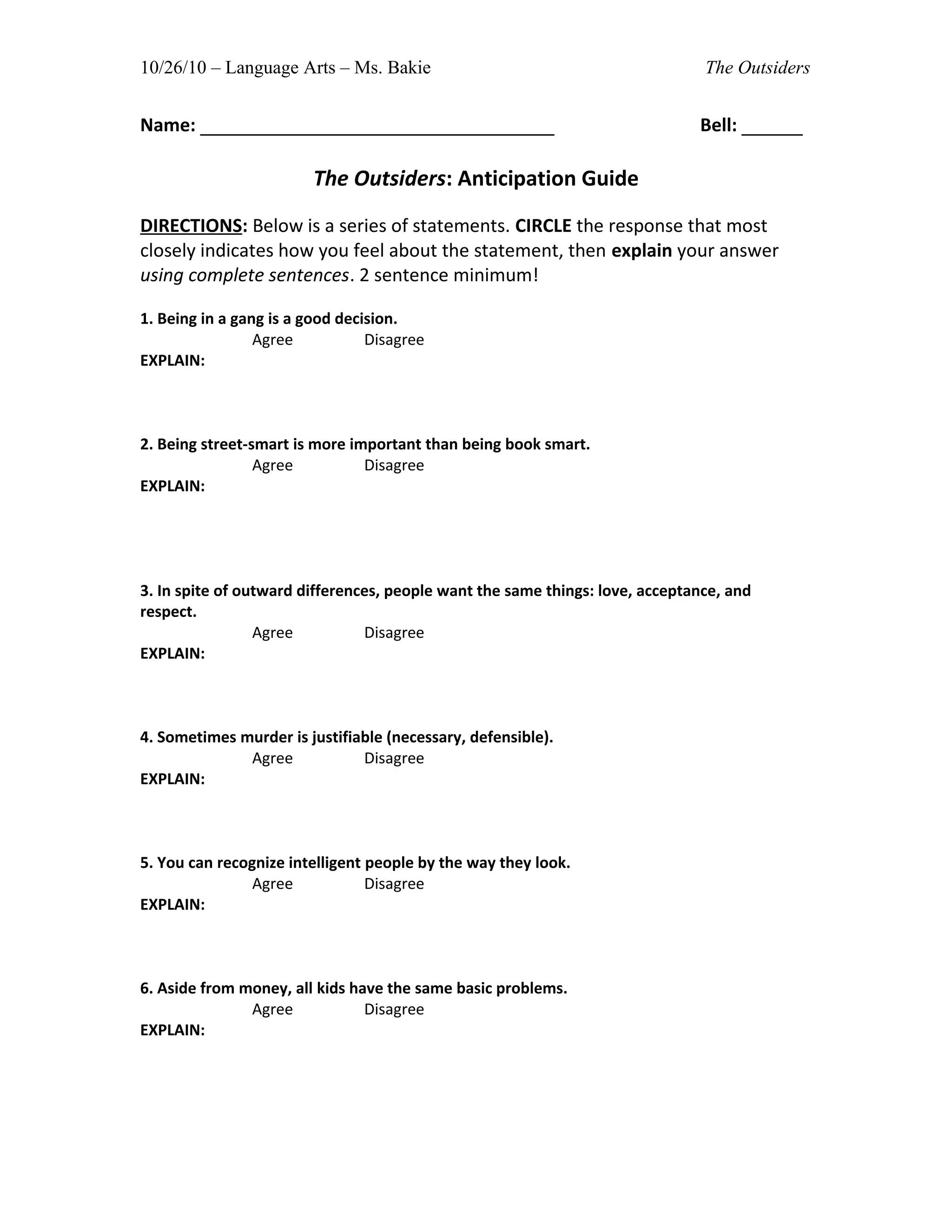 Anticipatory guide | DOC | Books and Literature