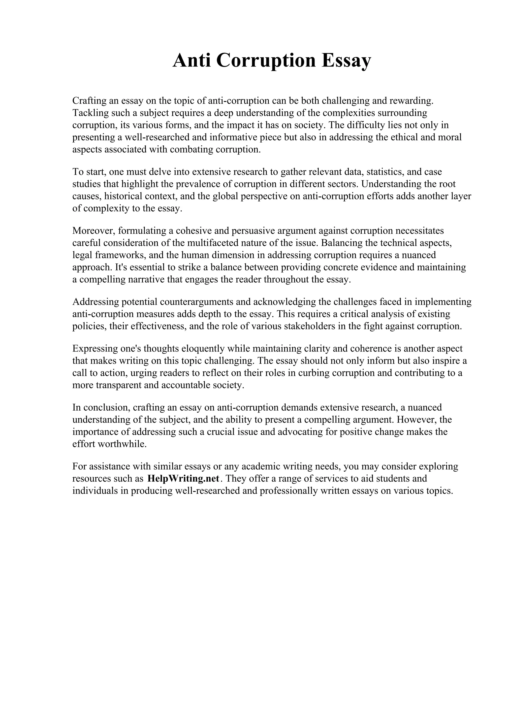 Anti Corruption Essay. University of Saint Mary | PDF