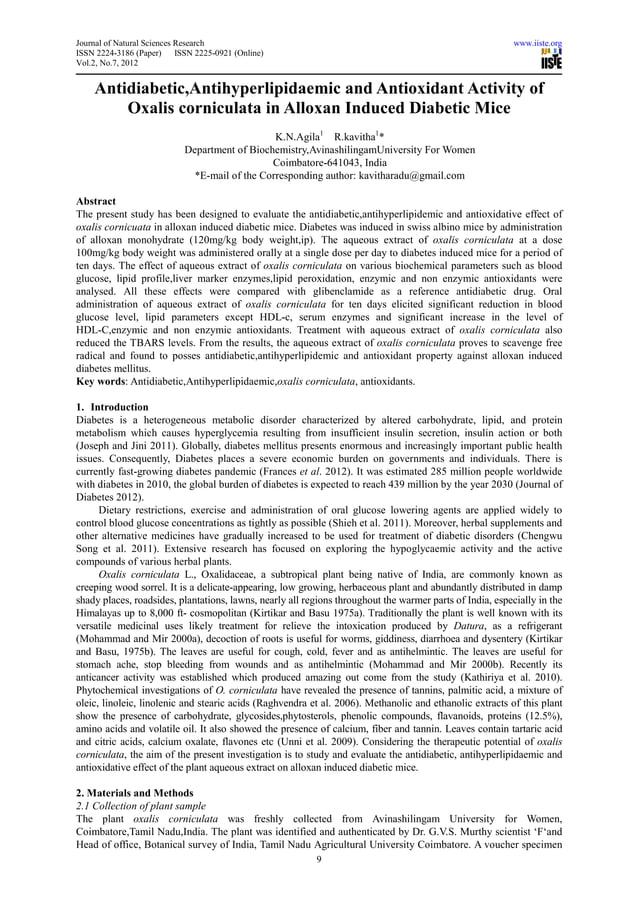 Antidiabetic,antihyperlipidaemic and antioxidant activity of oxalis ...